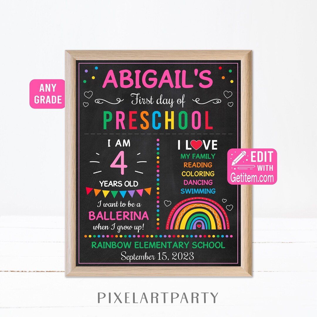 Editable First Day of Preschool Sign Rainbow First Day of Preschool ...