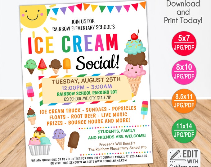 Ice Cream Social Editable Flyer, Instant Download, Ice Cream Fundraiser ...