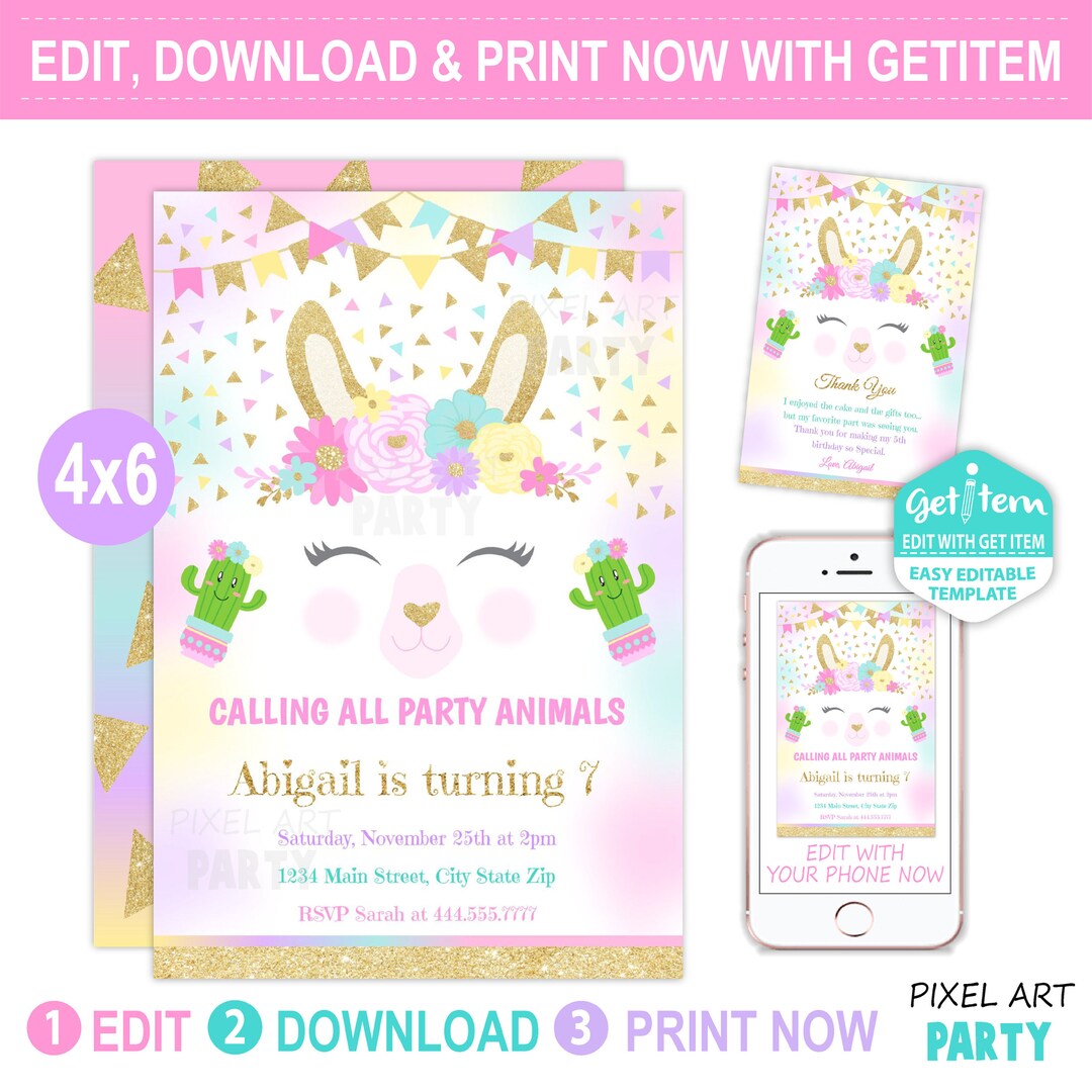 EDITABLE Llama Birthday Invitation Llama Invitation Llama Party Alpaca ...