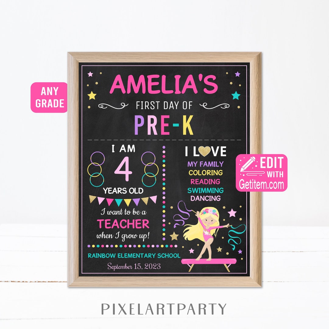 Editable First Day of Pre-k Sign Gymnastics First Day of Pre-k Sign ...
