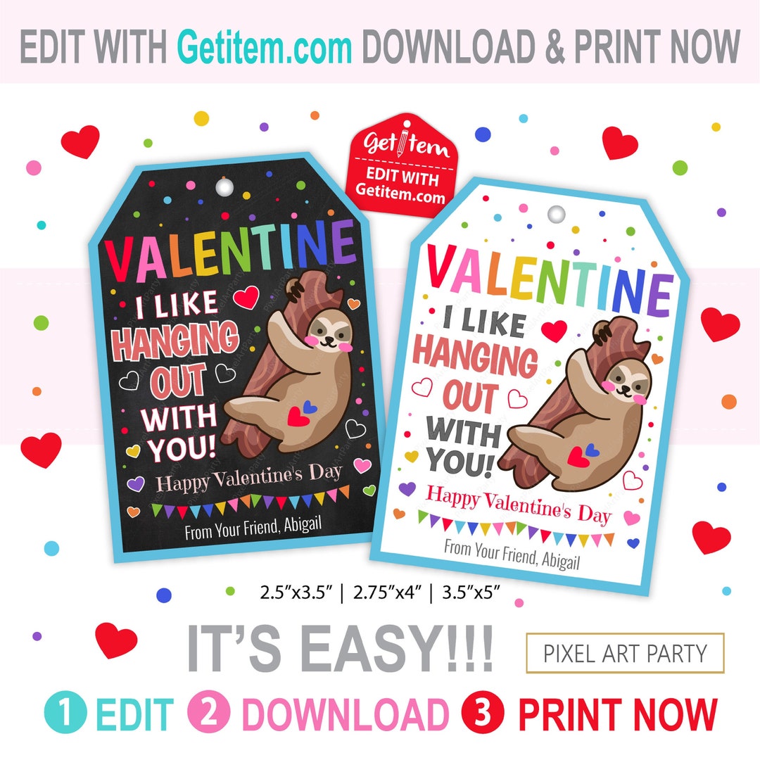 Editable Sloth Valentine Tags I Like Hanging Out With You - Etsy
