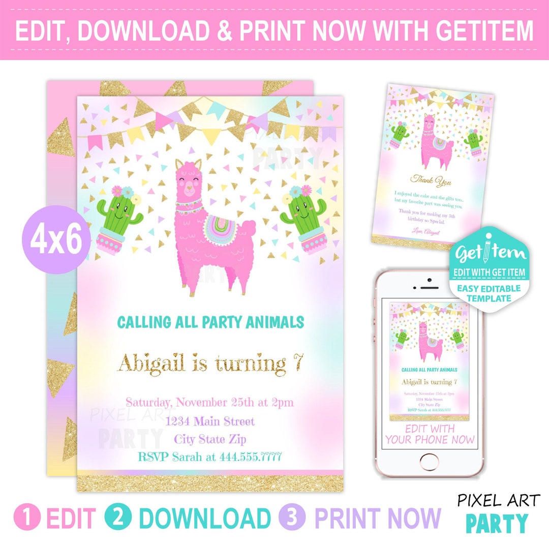 EDITABLE Llama Birthday Invitation Llama Invitation Llama Party Alpaca ...