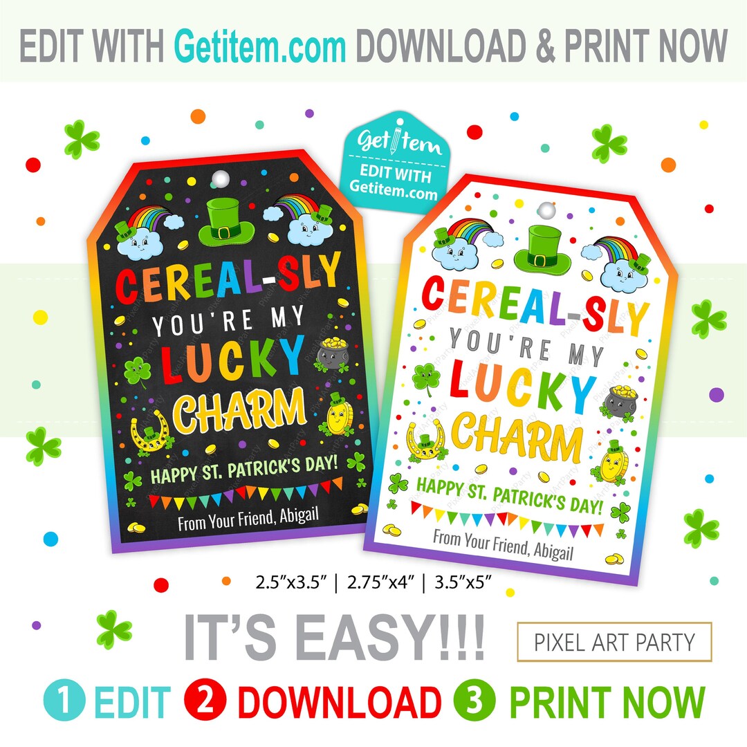 Editable Cereal-sly St. Patrick's Day Tags, Lucky St. Patrick's Tags ...