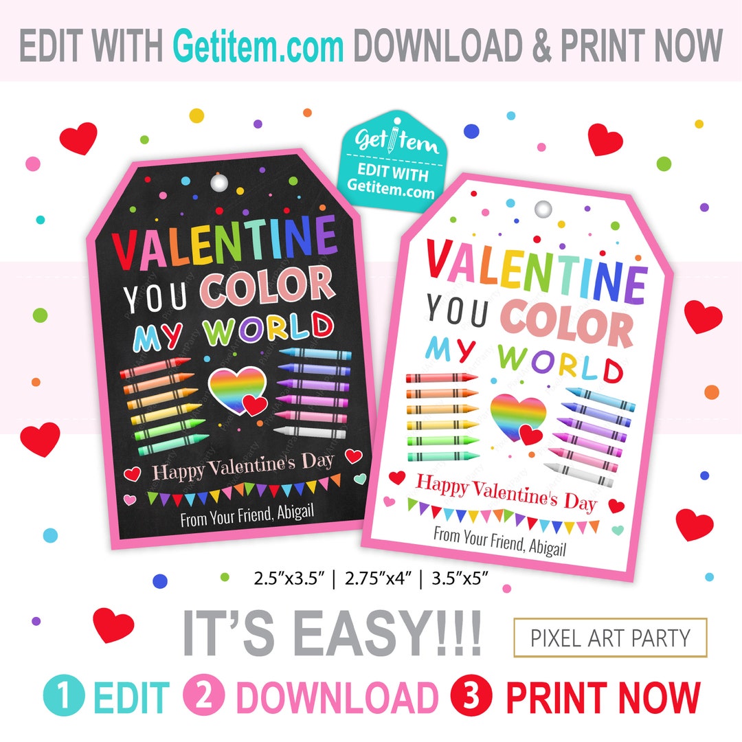 Editable Valentine Crayon Tags Valentine You Color My World - Etsy