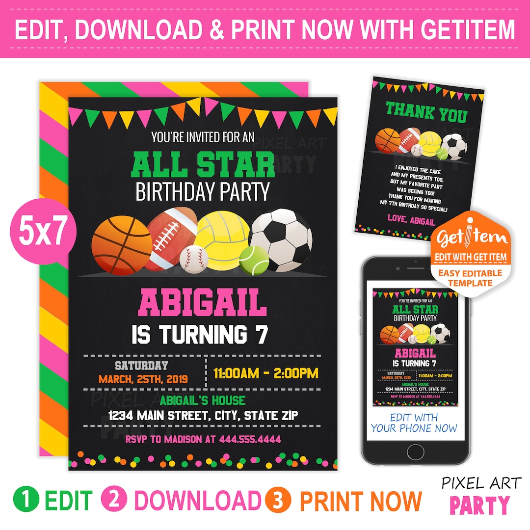 All Star Birthday Invitation, Sports Invitation, Sports Party, 5x7 ...