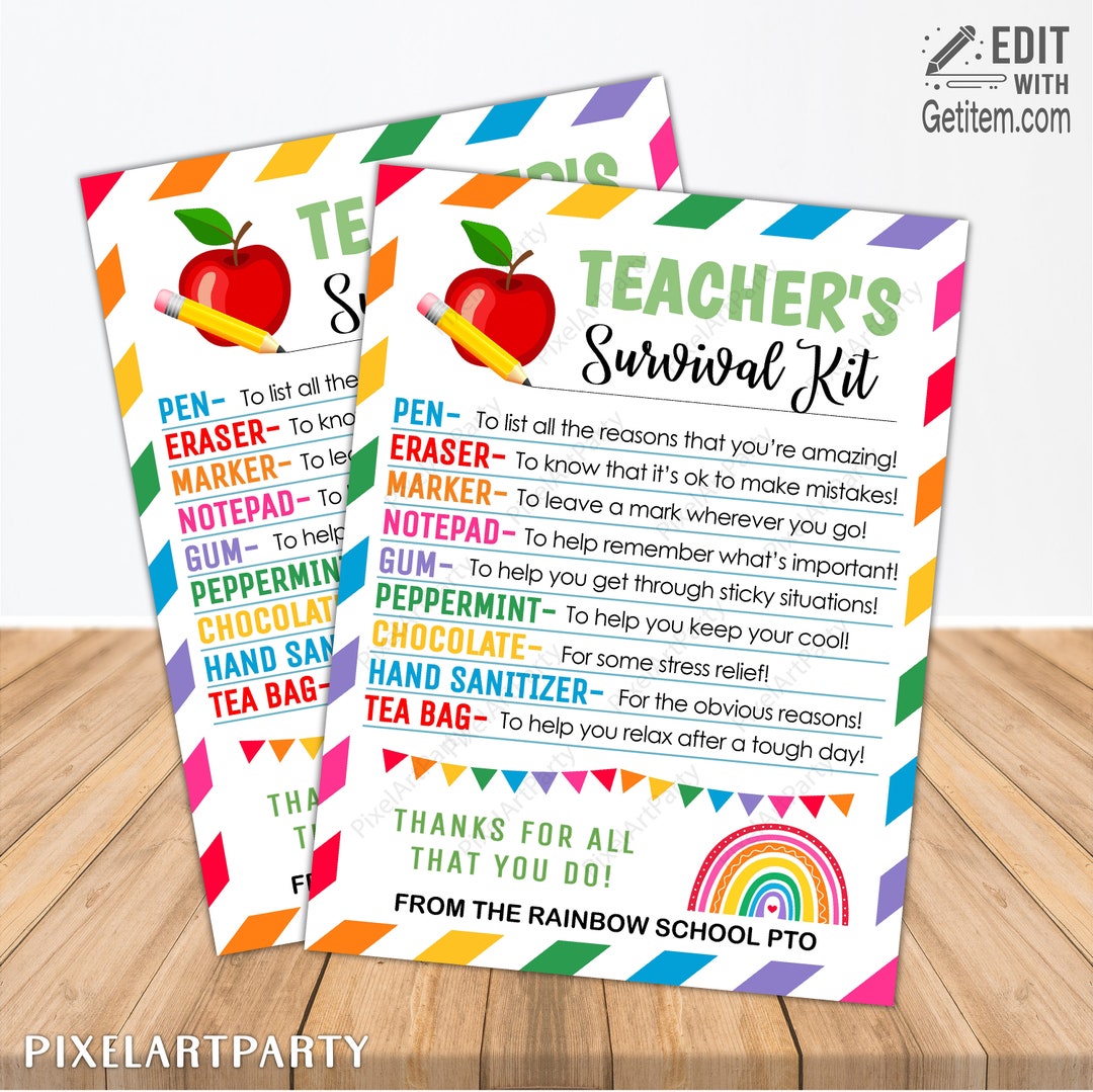 Editable Teacher Survival Kit Printable Back to School Teacher ...