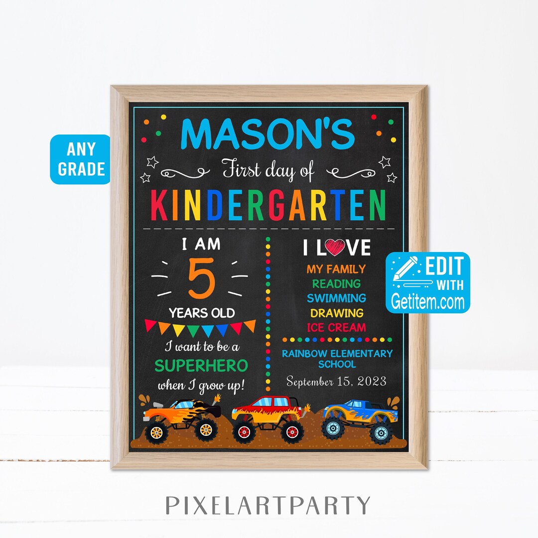 Editable Monster Truck First Day of School Sign Kindergarten 1st 2nd ...