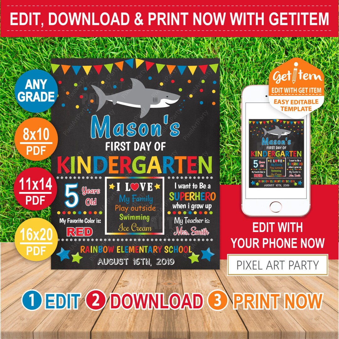 Shark First Day of Kindergarten Sign, Back to School Poster, Any Grade ...