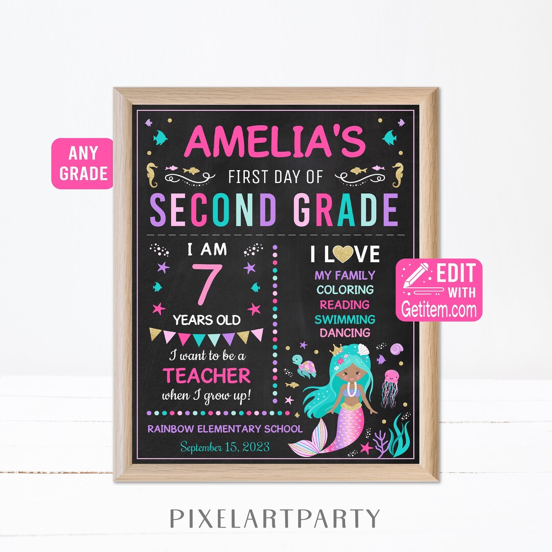 Editable First Day of Second Grade Sign Mermaid First Day of Second ...