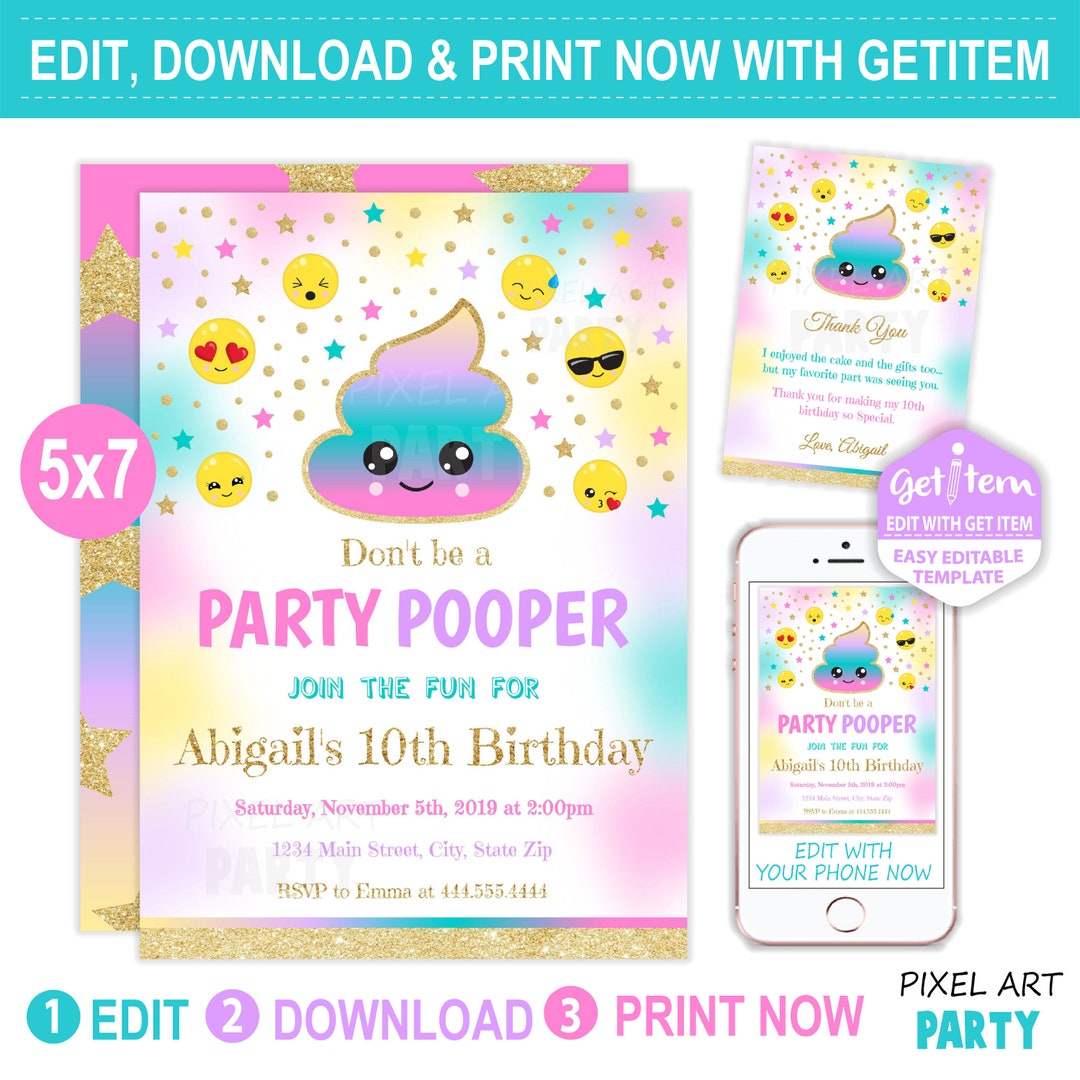Don't Be a Party Pooper Birthday Invitation, Birthday Invitation, Emoji ...