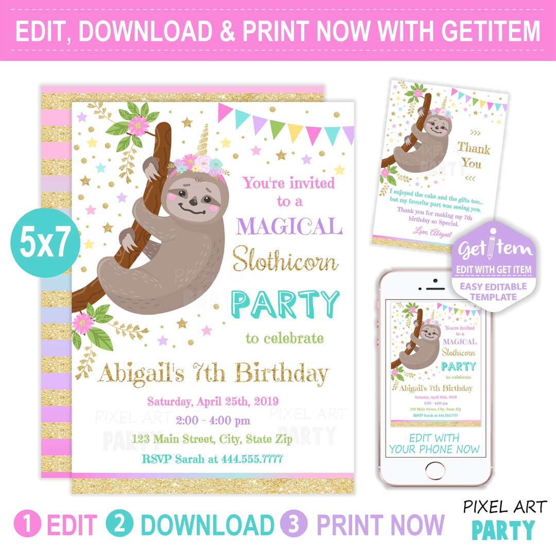 Slothicorn Birthday Invitation, Slothicorn Invitation, Sloth Party, 5x7 ...