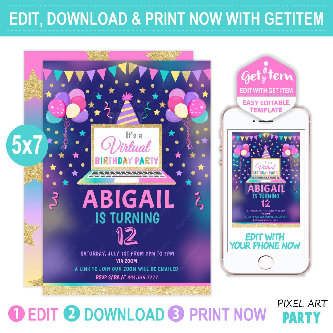 Editable Virtual Birthday Party Invitation, Zoom Party, Quarantine ...