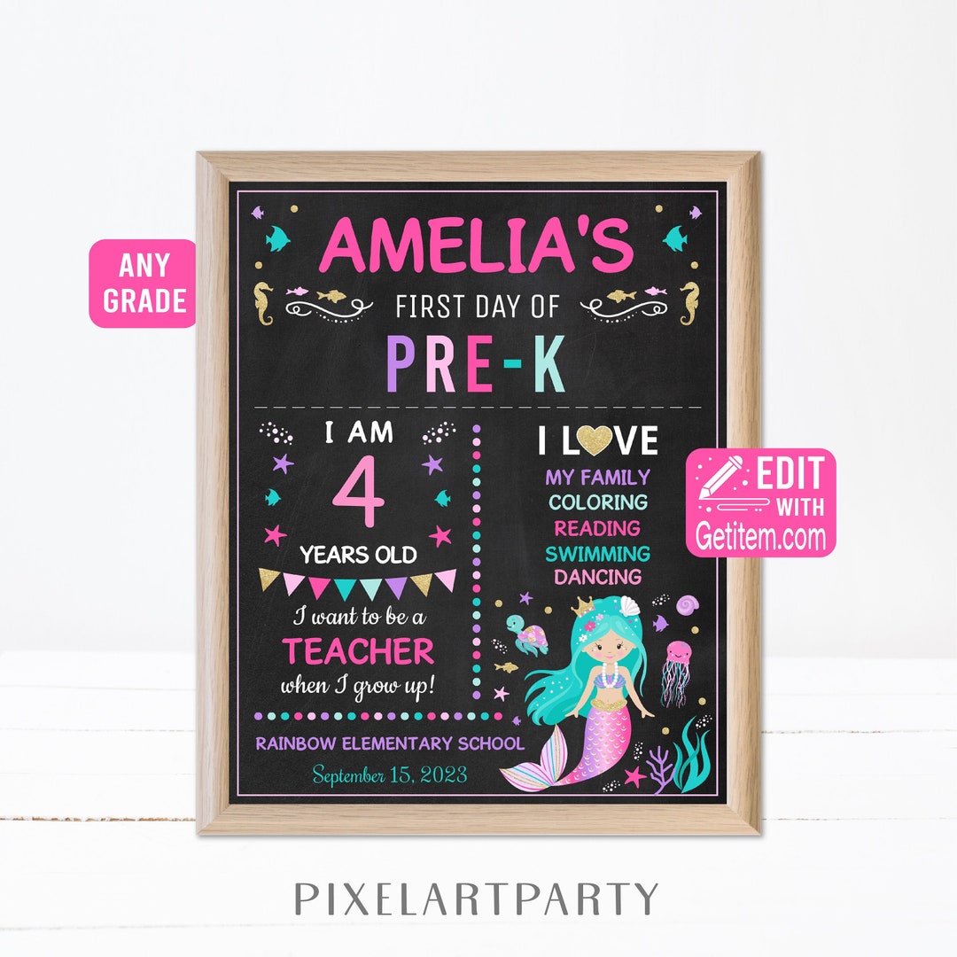 Editable First Day of Pre-k Sign Mermaid First Day of Pre-k Sign Back ...