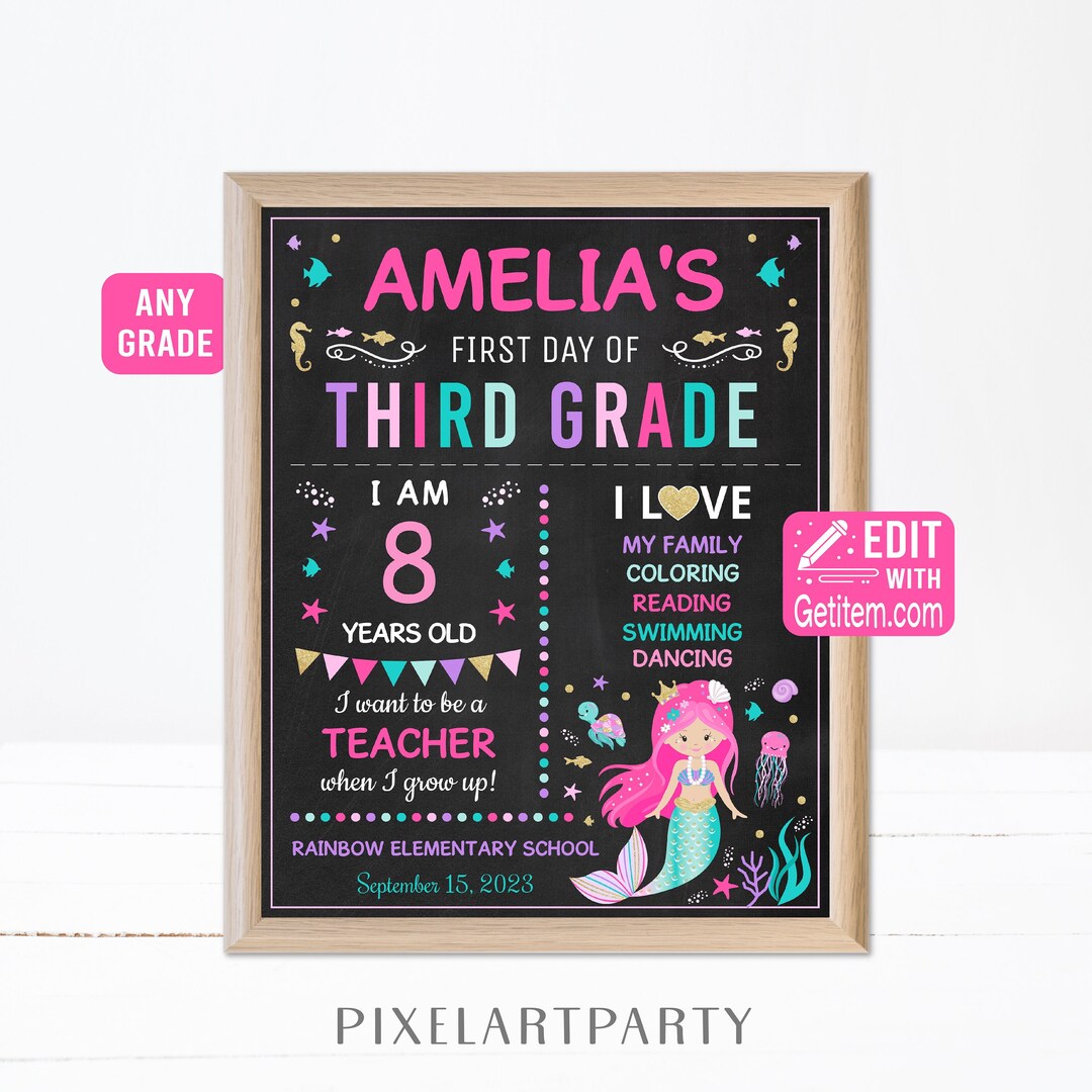 Editable First Day of Third Grade Sign Mermaid First Day of Third Grade ...