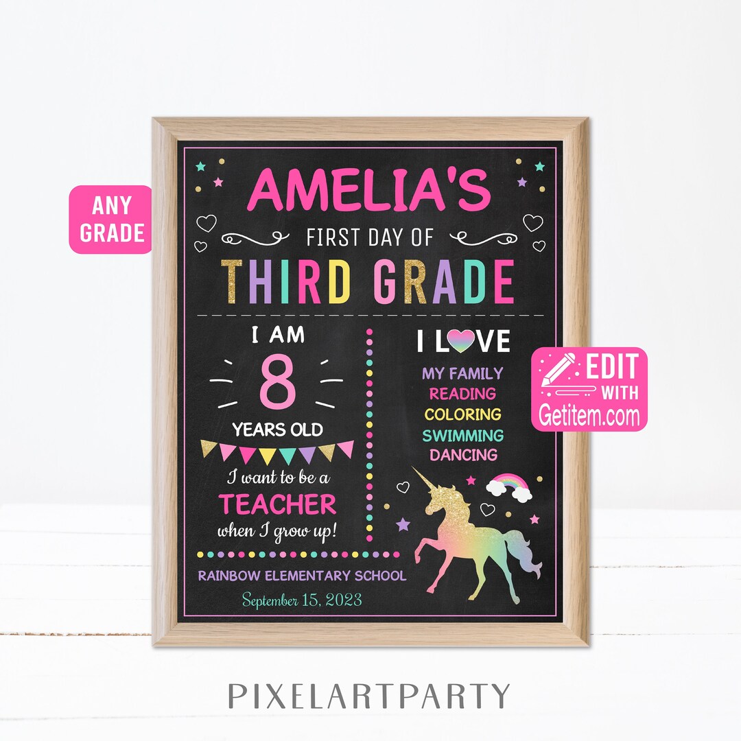 Editable First Day of Third Grade Sign Unicorn First Day of Third Grade ...