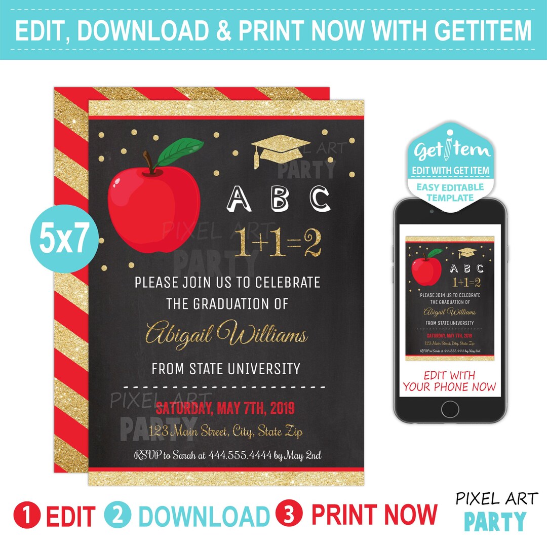 Teacher Graduation Invitation, Graduation Party Invitation, 5x7, EDIT ...