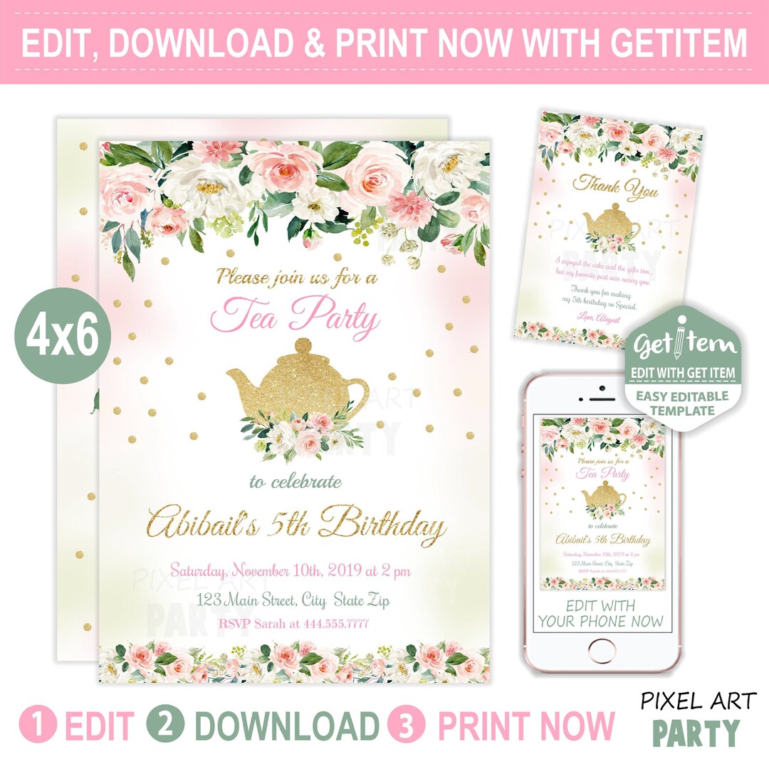 Tea Birthday Party Invitation, Tea Party Invitation, Tea Party, 4x6 ...