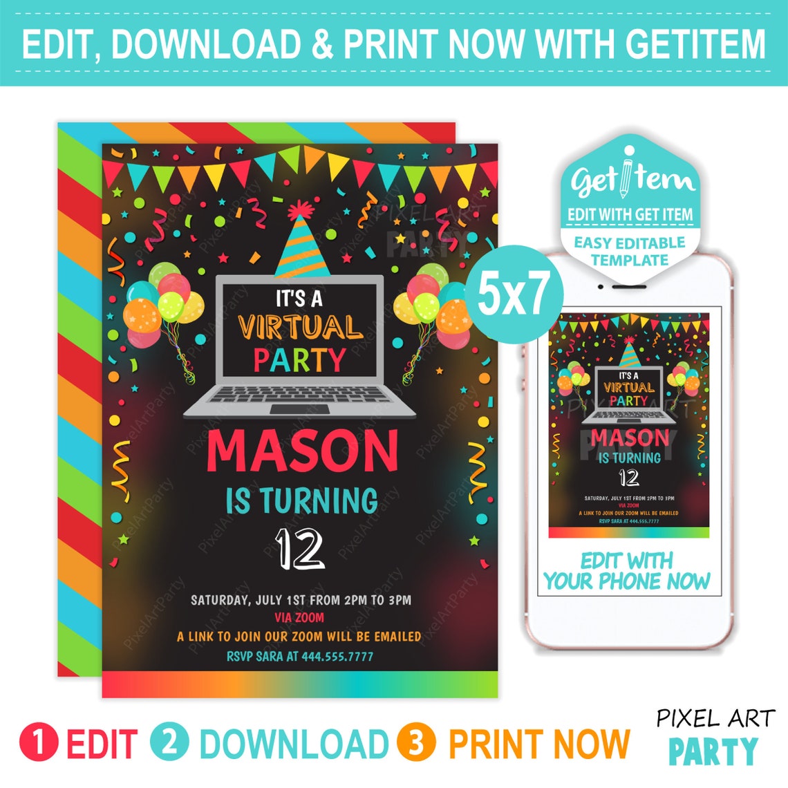 Editable Virtual Birthday Party Invitation Zoom Party | Etsy