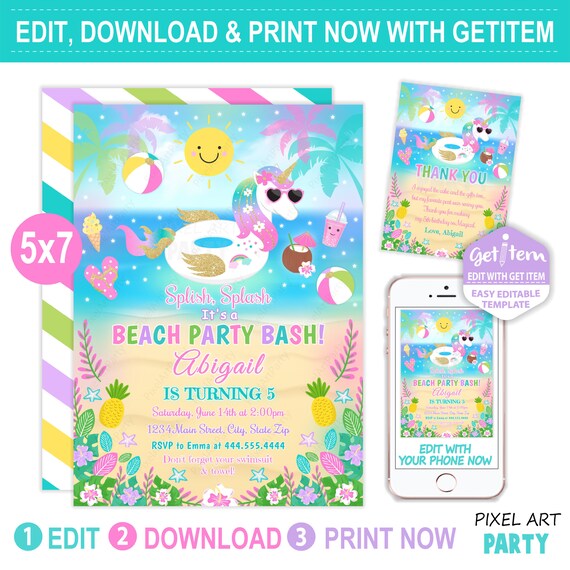 Unicorn Beach Party Invitation Unicorn Beach Party Beach - Etsy