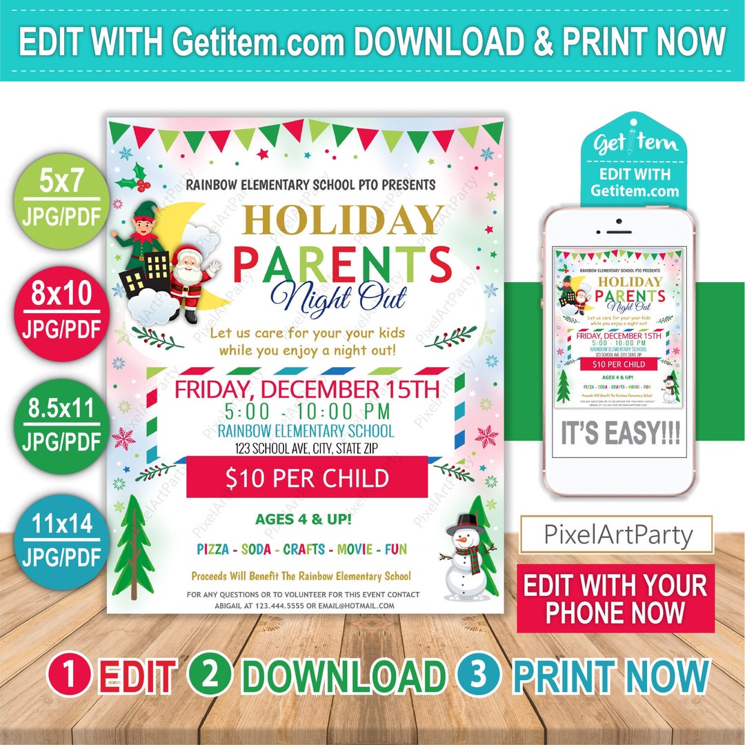 EDITABLE Christmas Parents Night Out Flyer School Church Flyer Poster ...