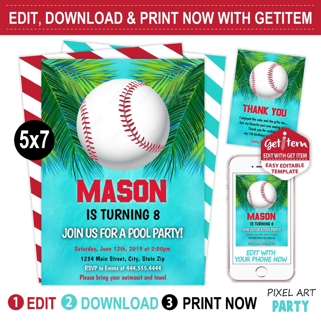 Baseball Pool Party Invitation, Baseball Pool Party, Pool Party ...