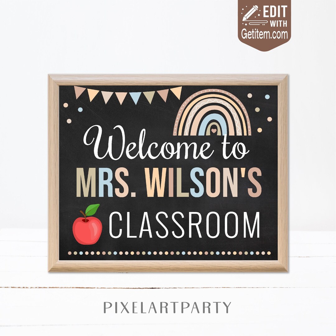Editable Teacher Name Sign Classroom Decor Boho Rainbow Welocme to ...