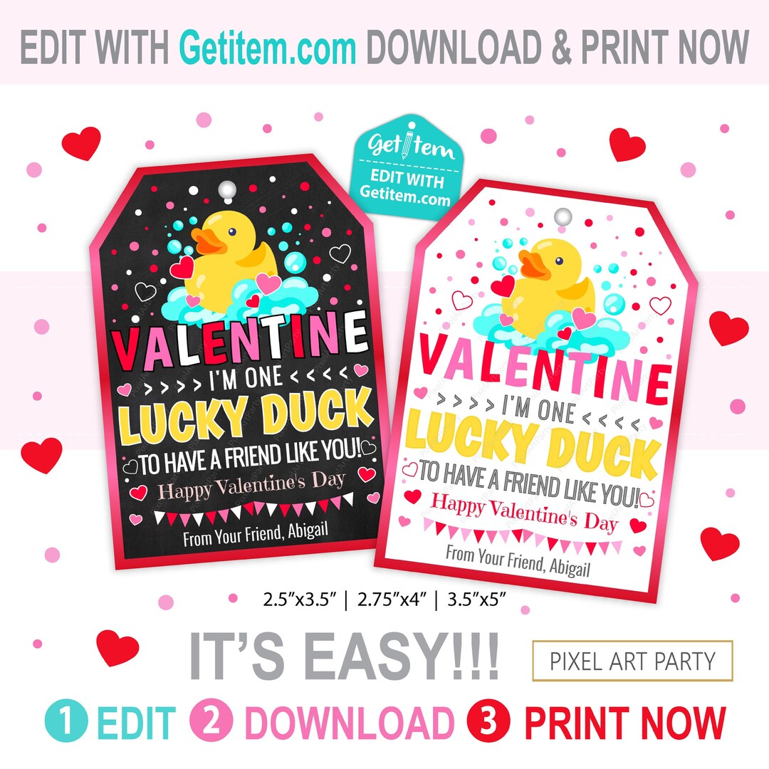 Editable Rubber Duck Valentine Gift Tag, Lucky Duck Valentine's Day ...