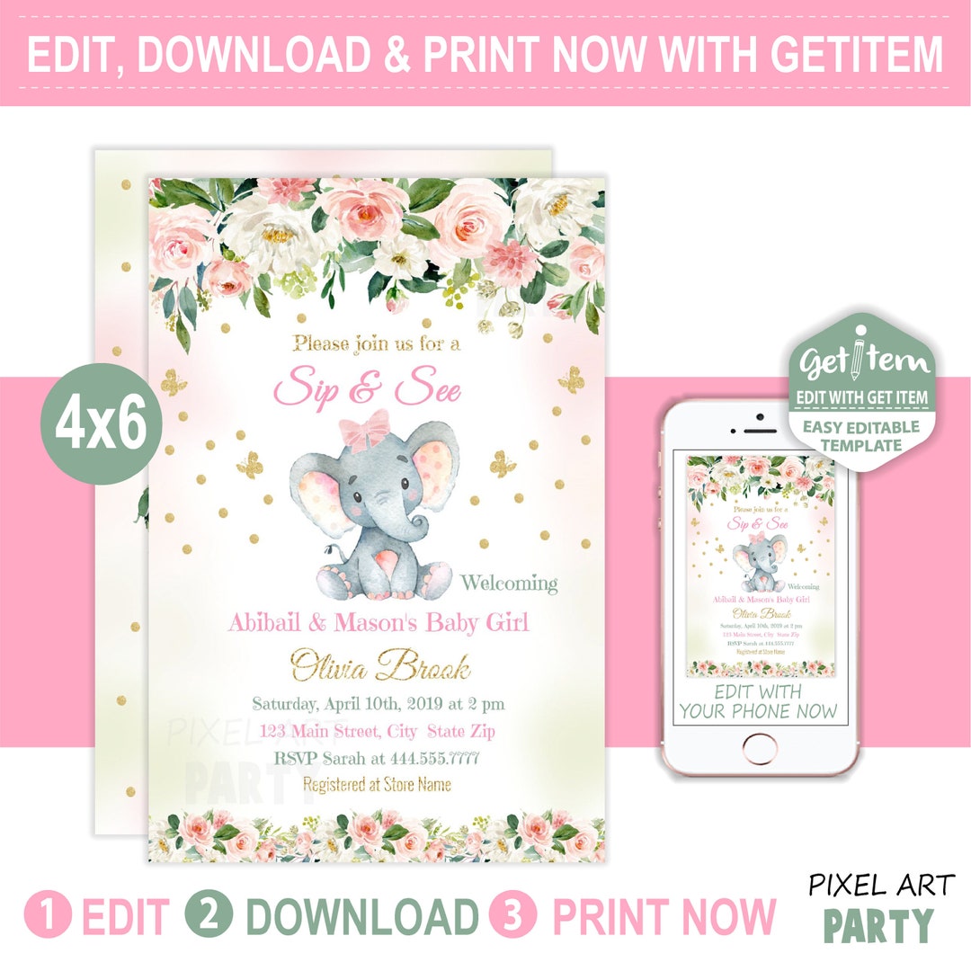 EDITABLE Welcome Baby Girl Elephant Sip & See Invitation Baby Shower ...