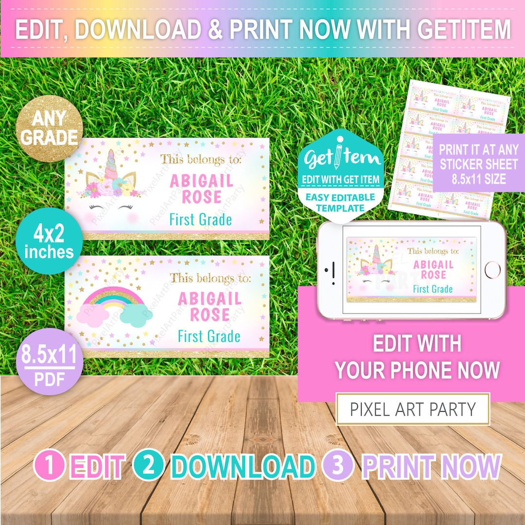 EDITABLE Unicorn School Labels, Rainbow, School Labels, EDIT NOW, Id ...