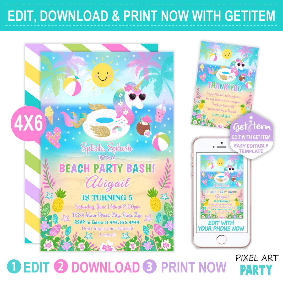 Unicorn Beach Party Invitation Unicorn Beach Party Beach - Etsy