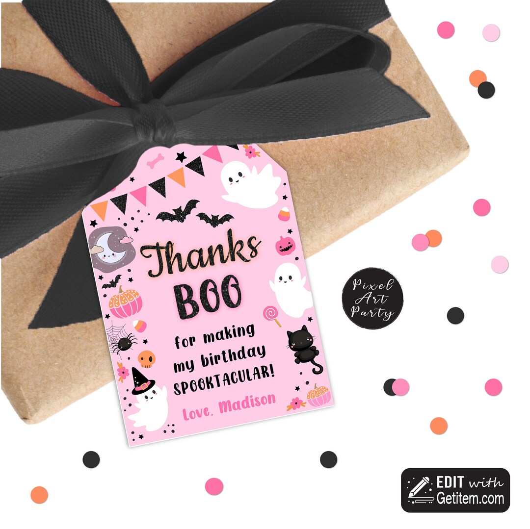 Editable Pink Halloween Ghost Birthday Party Favor Tags Spooktacular ...