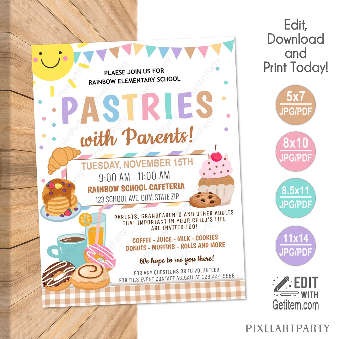EDITABLE Pastries With Parents Flyer Breakfast Social Flyer School ...