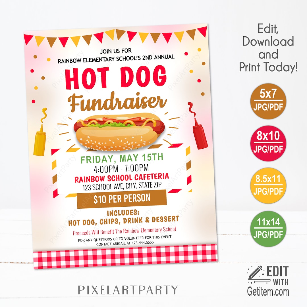 EDITABLE Hot Dog Fundraiser Flyer Hot Dog Flyer Charity Non Profit ...