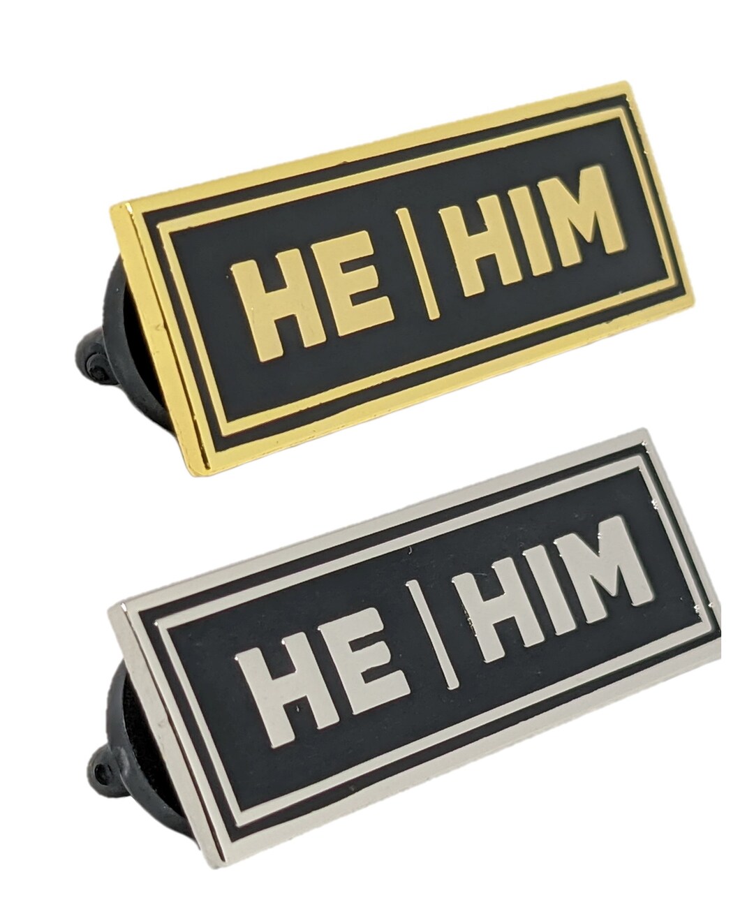 He/him Rectangle Pronoun Pin or Magnet Back Silver or Gold Hard Enamel ...