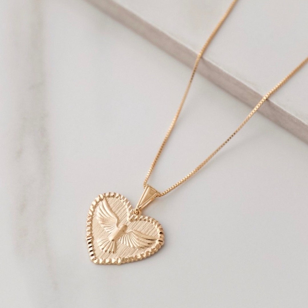 Dove Spirit Necklace, Holy Spirit Medallion, Heart Pendant, 18k Gold ...