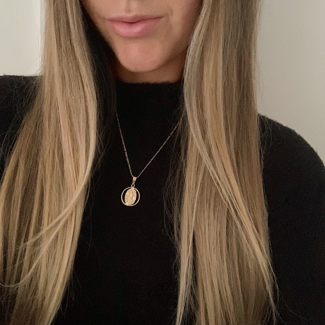Virgin Mary Crystal Necklace, 18K Gold Filled, Religious Coin Necklace ...