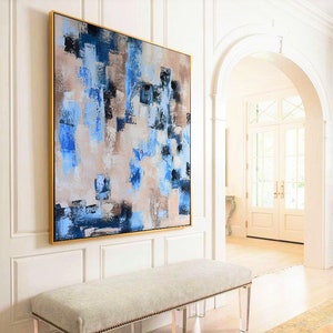 Gran pintura abstracta-azul y beige pintura al óleo-sala de estar pared arte-arte abstracto ...