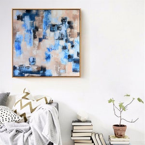 Gran pintura abstracta-azul y beige pintura al óleo-sala de estar pared arte-arte abstracto ...
