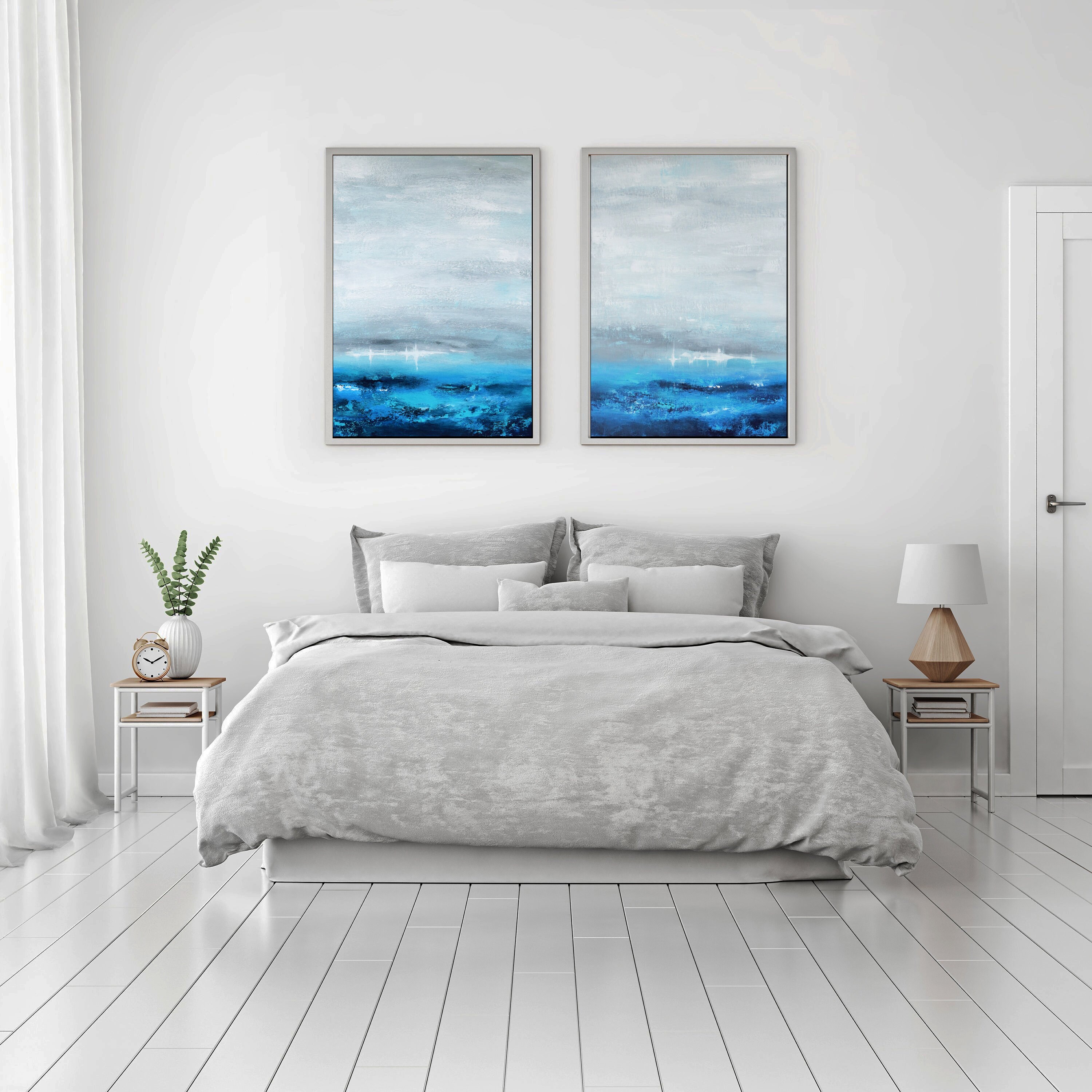 2 conjunto de la pared del mar arte-gris y azul pintura-arte moderno de ...