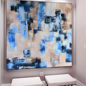 Gran pintura abstracta-azul y beige pintura al óleo-sala de estar pared arte-arte abstracto ...