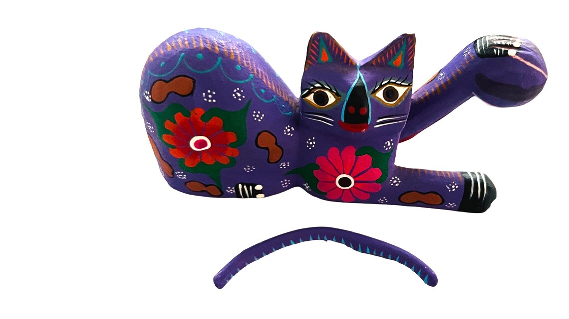 Oaxaca Wood Carving Purple Floral Cat With Ball Alebrije by Roberta ...