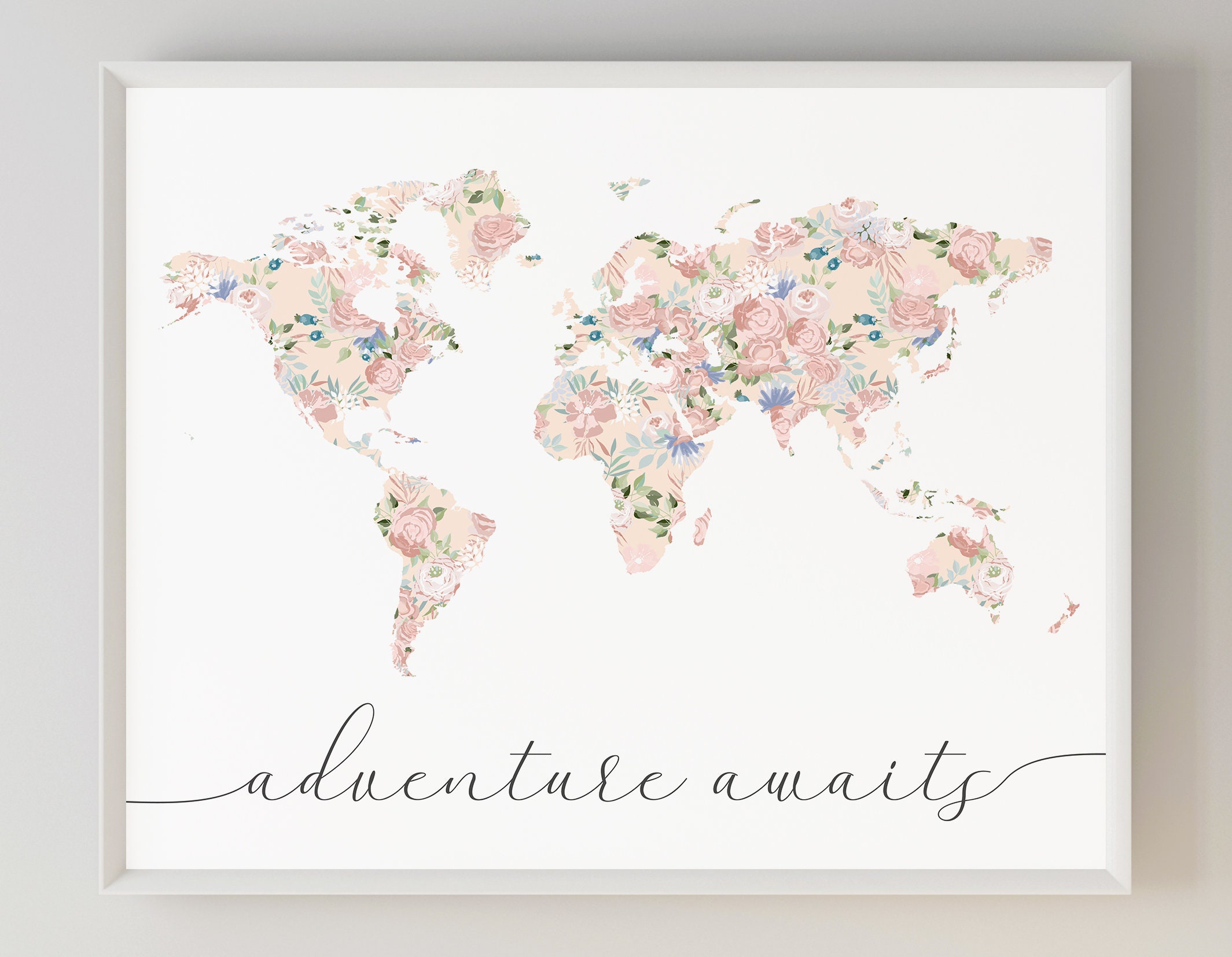 Floral World Map, Girl Nursery Decor, Adventure Awaits World Map ...