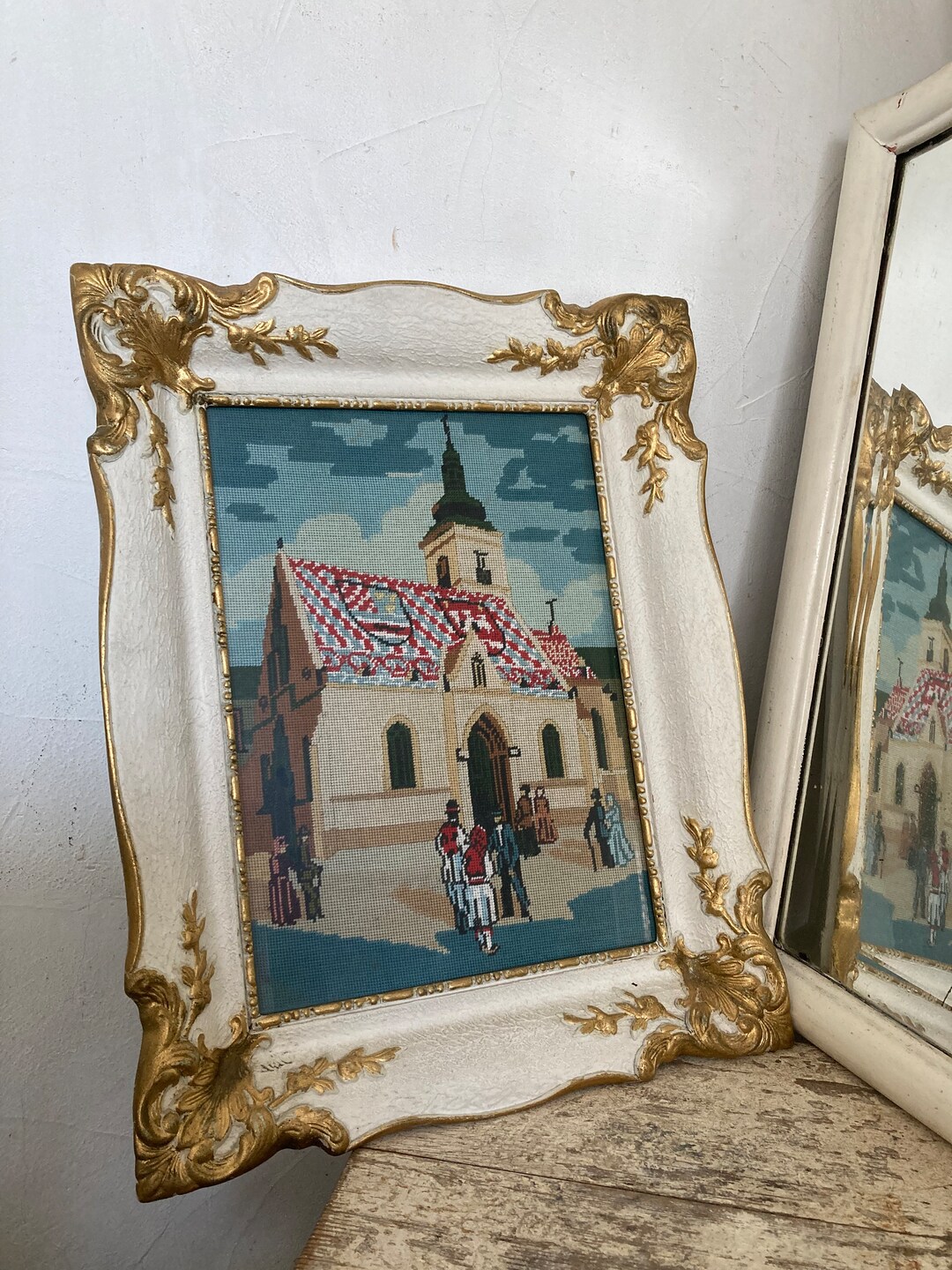 FRANCE Old Large White Gold Picture Frame & Embroidery Behind Glass ...