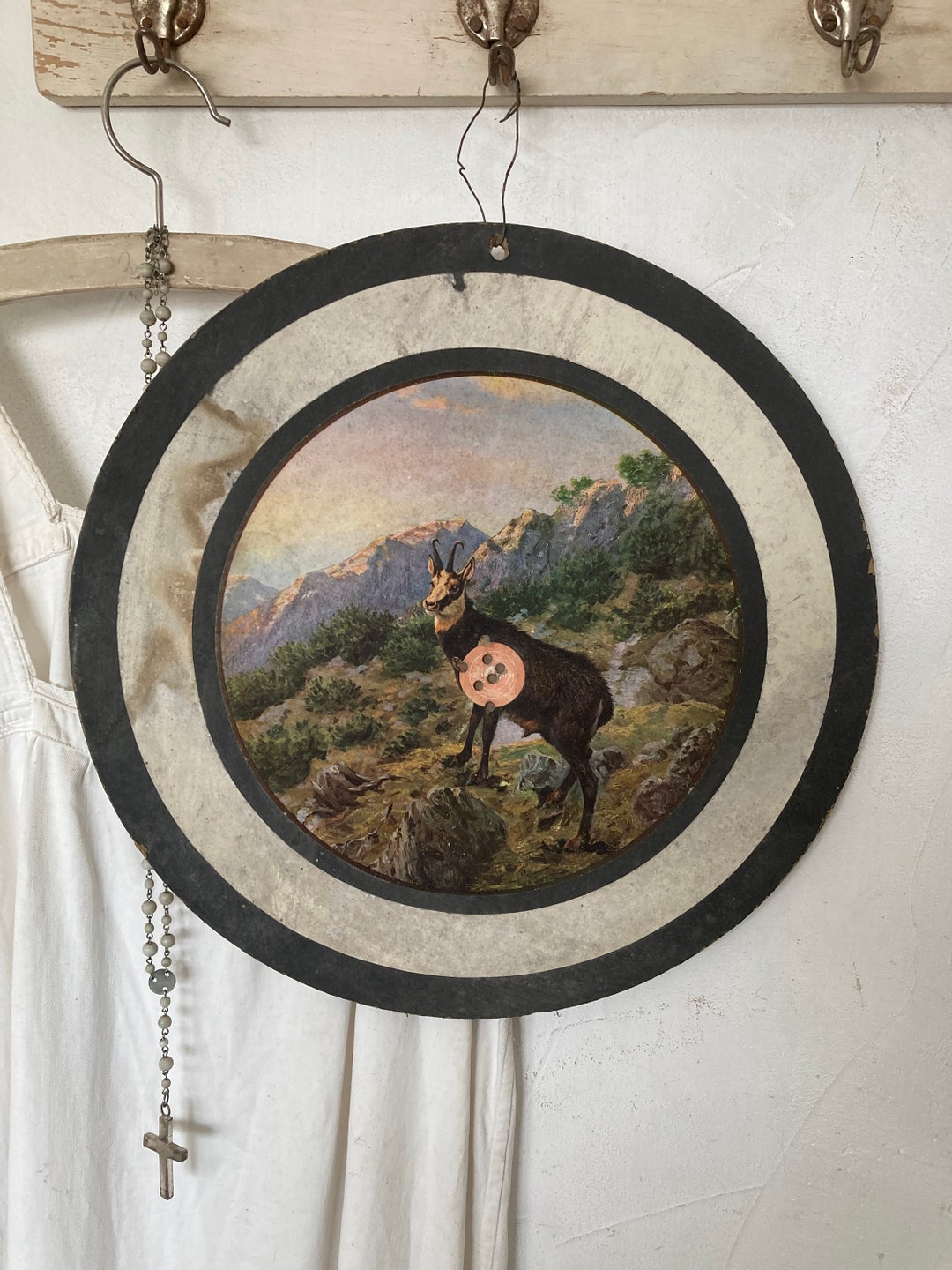 VINTAGE Old Large Round Shooting Target CHAMOIS Motif Ø Approx. 37.5 Cm ...