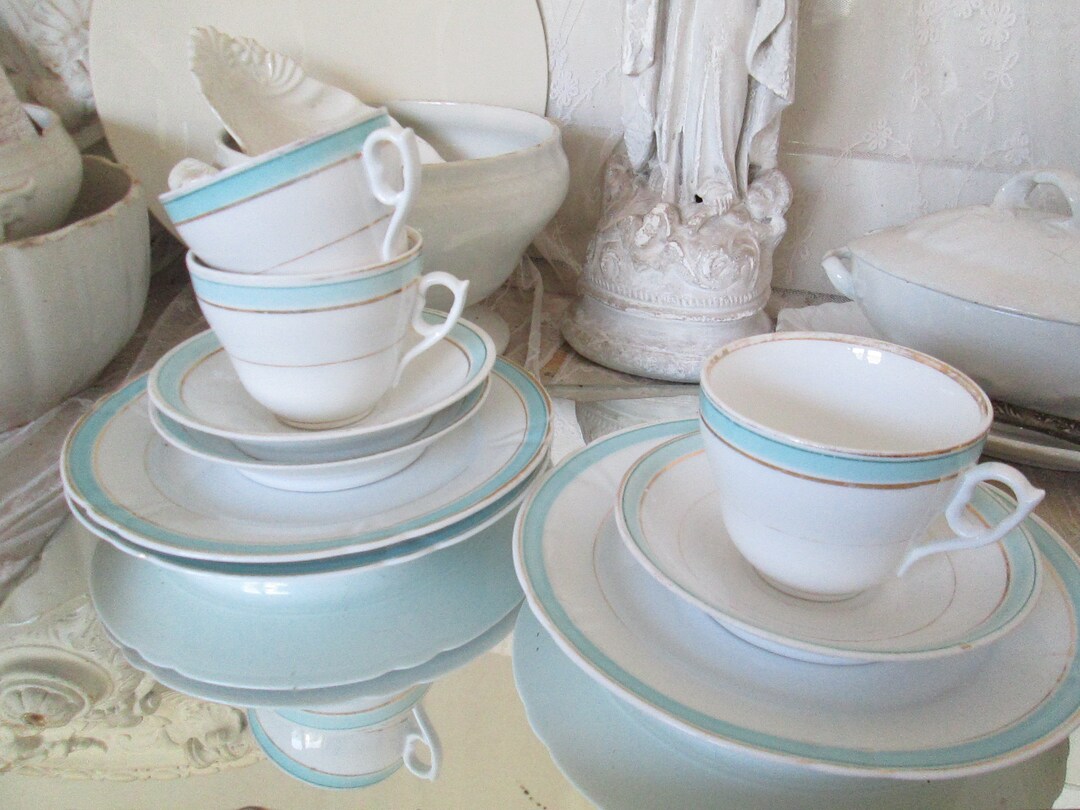 FRANCE SET 5x Antique Place Setting Coffee Tea Mint Turquoise Gold ...