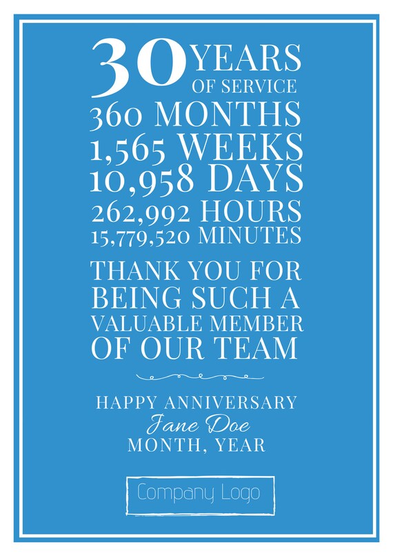 Work Anniversary Gift 30 Years Customizable Digital Etsy