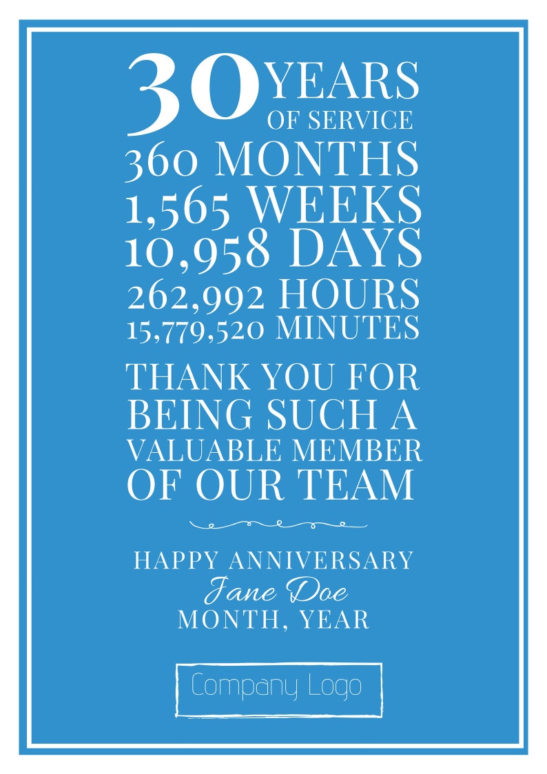 30 Years Anniversary Gift 30 Year Work Anniversary Print Gift