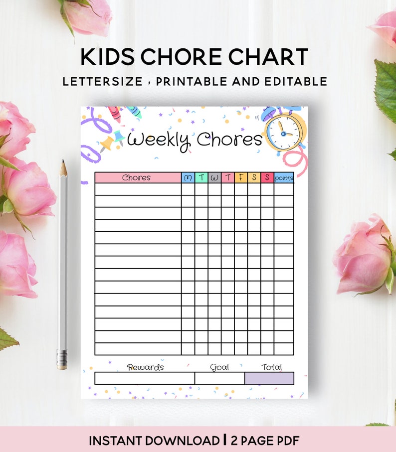 Kids Editable Chore Chart Printable Chore Chart | Etsy