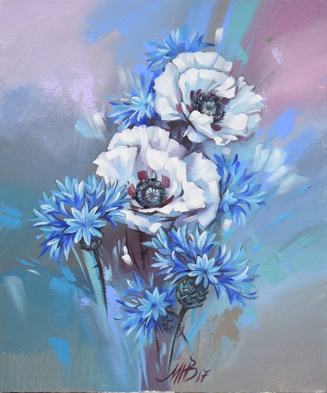 Blue Flower Art, Oil Flower Painting, Original Flower Painting, Blue ...