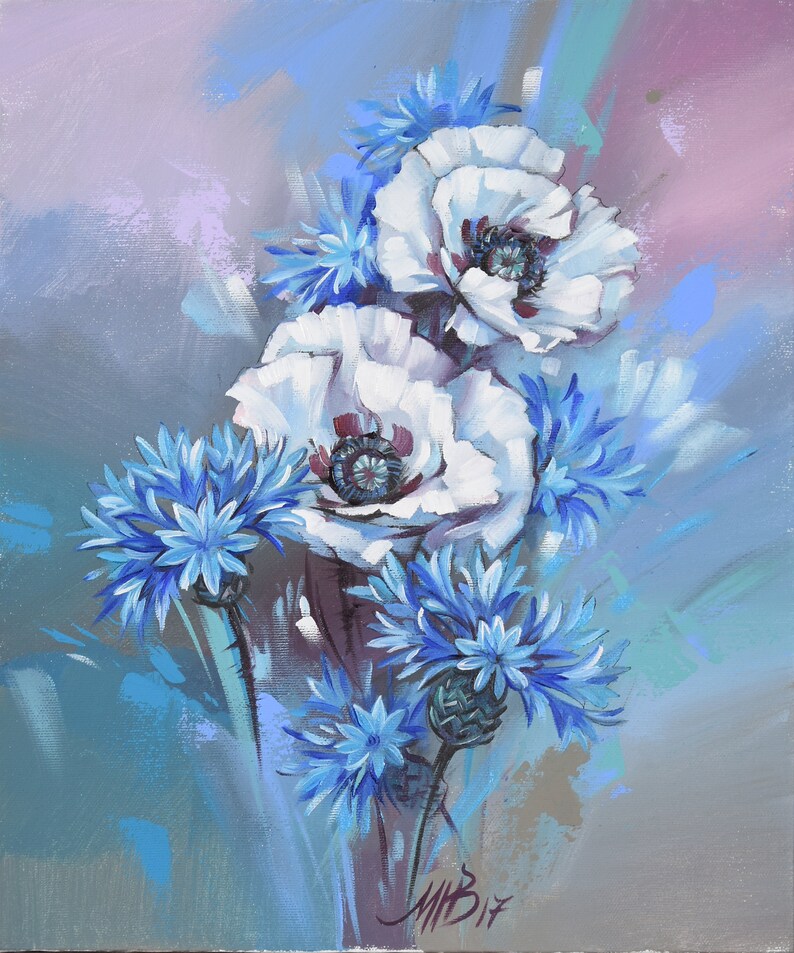 Blue Flower Art, Oil Flower Painting, Original Flower Painting, Blue ...